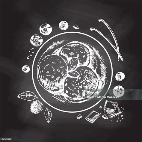 칠판 배경에 격리된 초콜릿 딸기 바닐라 포드가 있는 접시에 아이스크림 공을 손으로 그린 스케치 평면도 빈티지 그림입니다 라벨 포장 및 엽서 디자인을위한 요소 0명에 대한