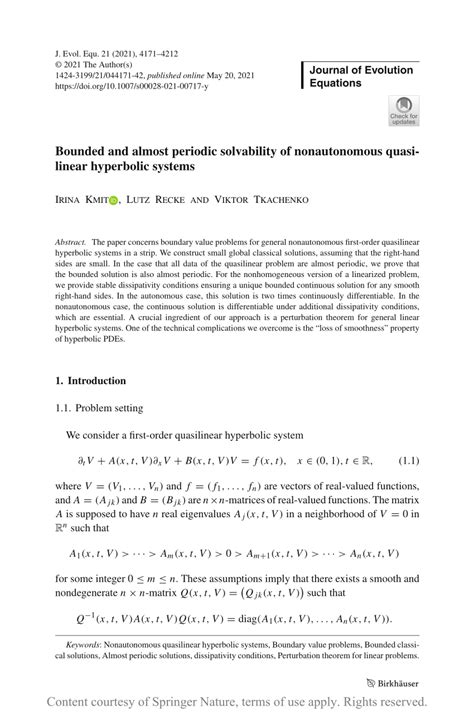 Pdf Bounded And Almost Periodic Solvability Of Nonautonomous Quasilinear Hyperbolic Systems
