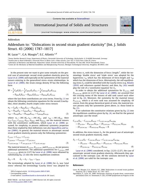 Pdf Addendum To Dislocations In Second Strain Gradient Elasticity”