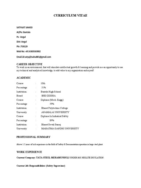 Cv Of Satyajit Sahu Safety Pdf Cognitive Science Behavior Modification