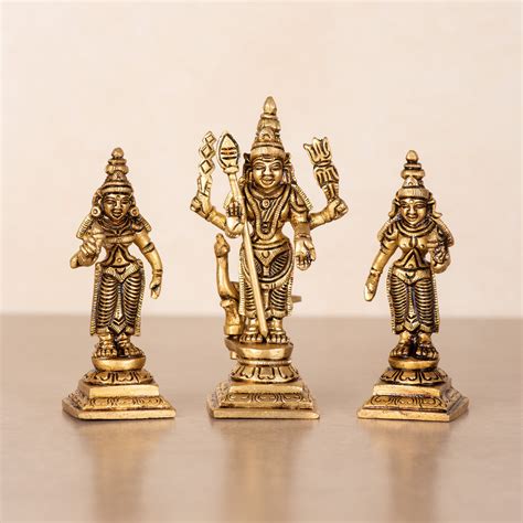 Superfine Brass Murugan With Devasena And Valli 4 Inch Darbar Craft