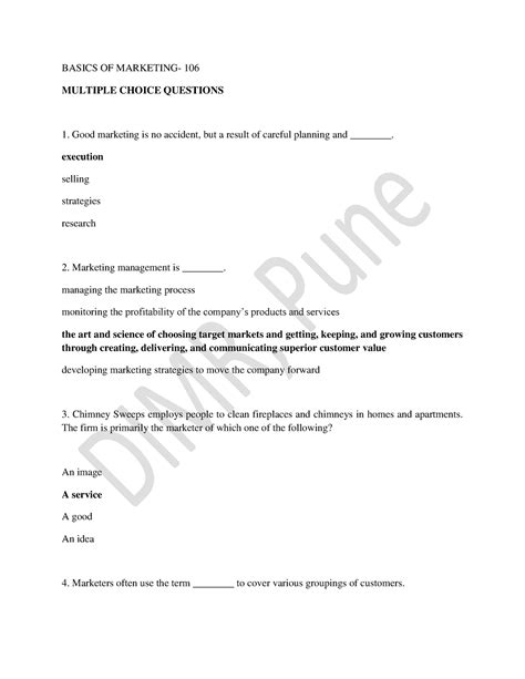 MCQ FOR BOM BASICS OF MARKETING 106 MULTIPLE CHOICE QUESTIONS Good Marketing Is No