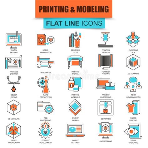 Set Of Thin Line Icons D Printing And Modeling Technology Stock Vector Illustration Of