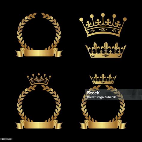 월계관 화환과 현실적인 황금 왕관 세트 텍스트에 대 한 황금 리본 검은 배경에 고립되어 있습니다 리본과 왕관이 있는 승리의 상징인 올리브 잎의 황금 가지 수상 및 영예 0