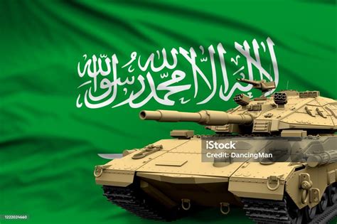 국기 배경에 실제 디자인이 아닌 사우디 아라비아 현대 탱크 탱크 군대 개념 군사 3d 그림 사우디 아라비아에 대한 스톡 사진 및 기타 이미지 Istock