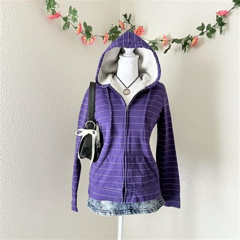 Purple Striped Zip Up Hoodie With White Fur Depop