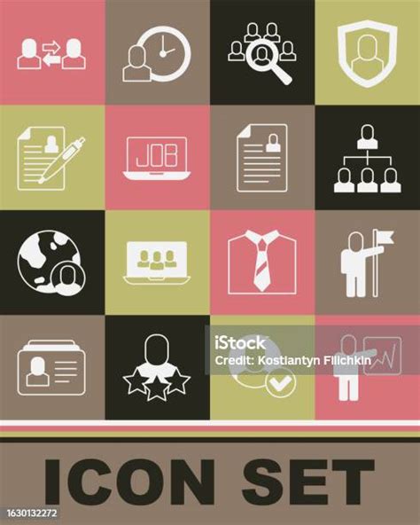 경영진 팀의 리더 깃발을 들고 있는 남자 직원 계층 검색 작업을 위한 돋보기 검색 이력서 교환 작업 및 아이콘을 설정합니다 벡터 개체 그룹에 대한 스톡 벡터 아트 및 기타