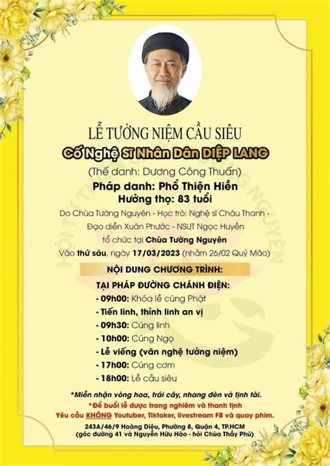 Lễ tưởng niệm cố NSND Diệp Lang tại Việt Nam đưa ra quy định gắt cho