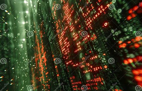 futuristic digital matrix background with glowing red and green binary code stock illustration