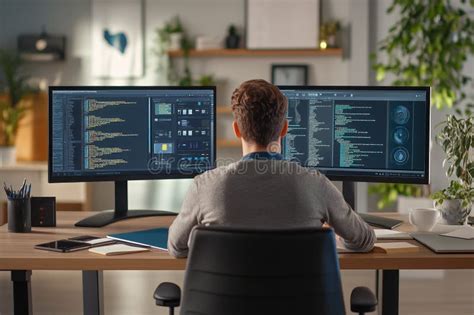 Programmer At Work With Dual Monitors Stock Illustration Illustration Of Dual Table