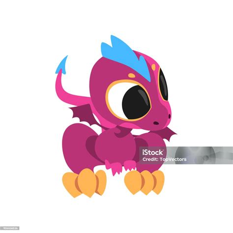 큰 눈 작은 날개와 긴 꼬리와 함께 만화 아기 드래곤 어린이 동화의 환상적인 생물 문자입니다 모바일 게임 스티커 또는 서에 대 한 평면 벡터 디자인 0명에 대한 스톡 벡터