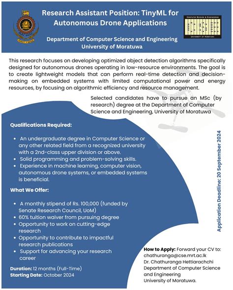 Research Assistant Vacancy For A Project On Tinyml For Autonomous Drone Applications Position