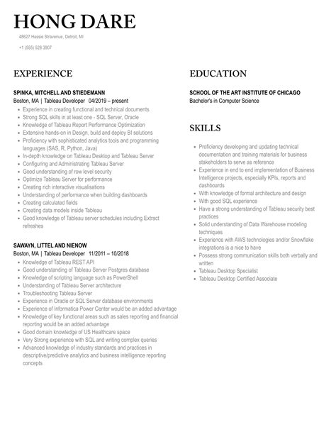 Tableau Developer Resume Samples Velvet Jobs