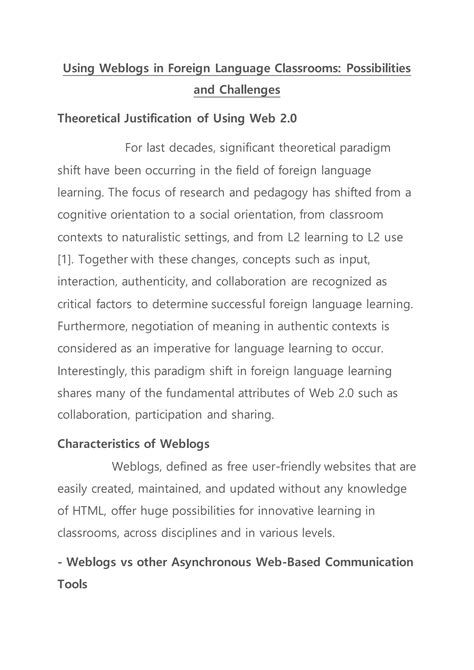 Using Weblogs In Foreign Language Classrooms Pdf