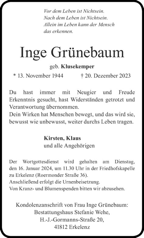 Traueranzeigen Von Inge Grünebaum Aachen Gedenkt