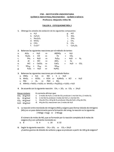 taller 6 qb estequiometria 2 pdf amoníaco Ácido clorhídrico