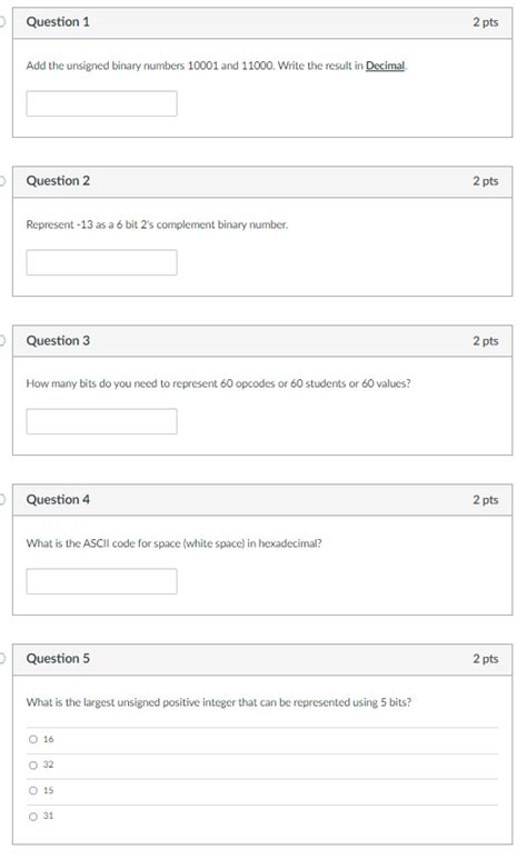 solved question 1 2 pts add the unsigned binary numbers