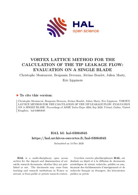 Pdf Vortex Lattice Method For The Calculation Of The Tip Leakage Flow