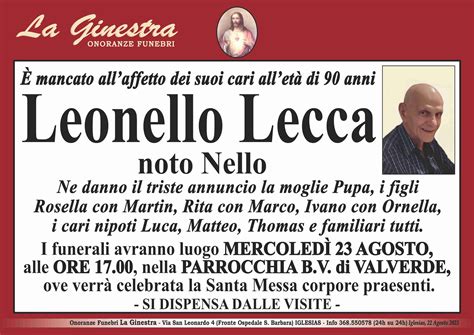 Funerali E Annunci Funebri A Iglesias Leonello Lecca Funer24