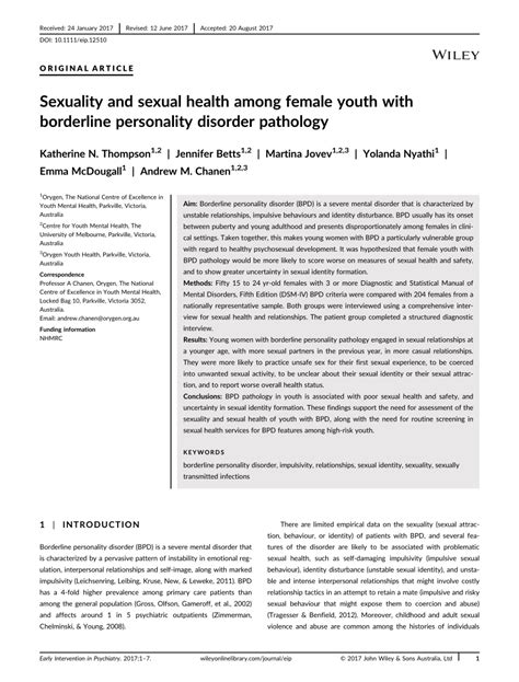 PDF Sexuality And Sexual Health Among Female Youth With Borderline Personality Disorder Pathology