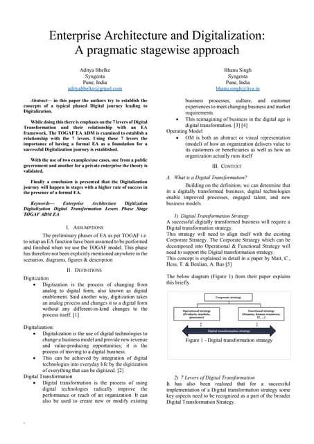 Enterprise Architecture And Digitalization Pragmatic Stage Wise