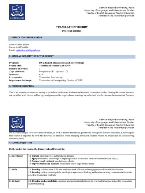 Syllabus Translation Theory Pdf Translations Theory