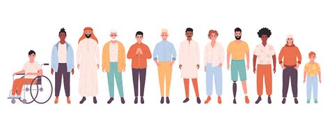 다양한 인종 국적 연령의 남성 신체 장애가 있는 남성 사회적 다양성 평면 스타일의 벡터 일러스트 레이 션 건강관리와 의술에 대한