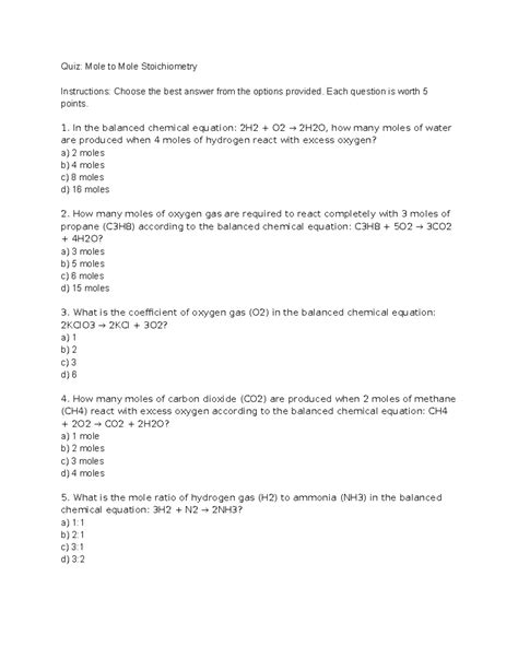 Quiz Mole To Mole Stoichiometry Quiz Mole To Mole Stoichiometry