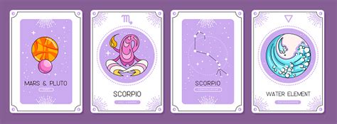 점성술 전갈 자리 조디악 사인 특성과 만화 마법 마법 카드 세트 벡터 일러스트 레이 션 갈고리 발톱에 대한 스톡 벡터 아트 및 기타 이미지 갈고리 발톱 고풍스런