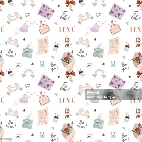 해피 발렌타인 데이 완벽 한 패턴 스케치 기술 파스텔과 연필 간단한 이미지 선물 포장 섬유 직물 커버 인사말 카드 공휴일에 대한 스톡 벡터 아트 및 기타 이미지 Istock