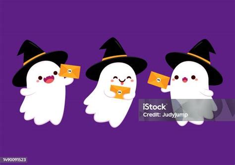 할로윈 날에 귀여운 유령 유령 마스코트 만화 벡터입니다 쇼핑 가방 할로윈 카드 또는 봉투 벡터 귀신에 대한 스톡 벡터 아트 및