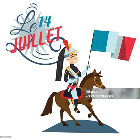 말 간 해피 바스티유 데가 퍼레이드 7 월 14 일 독립 기념일만 세 라 프랑스 크리에이 티브 벡터 일러스트 레이 션 프랑스 공휴일 남자 말에 플래그 14에 대한 스톡 벡터