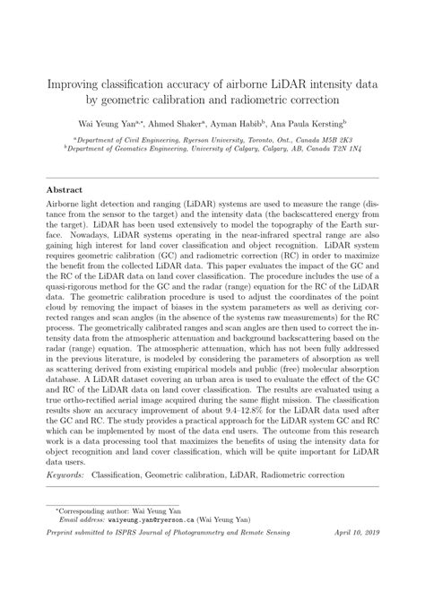Pdf Improving Classification Accuracy Of Airborne Lidar Intensity Data By Geometric