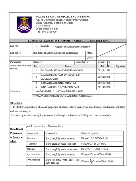 Lab Report Experiment 1 Che145 Pdf Hydrocarbons Chemical Reactions