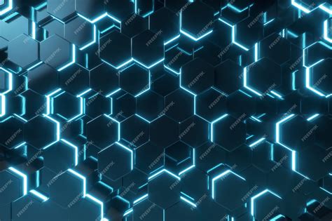 Premium Photo Abstract Blue Of Futuristic Surface Hexagon Pattern With Light Rays 3d Rendering