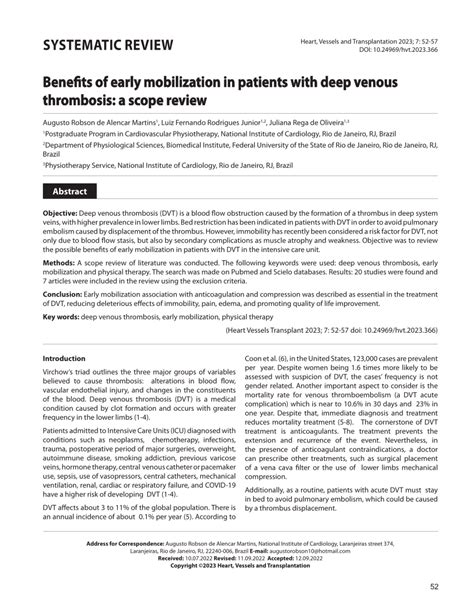 PDF Benefits Of Early Mobilization In Patients With Deep Venous Thrombosis A Scope Review