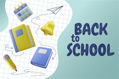 벡터 학교 시간 개념 그림입니다 3d 학용품이 있는 밝은 색상의 배너입니다 책과 워크북 연필 종 달력 바둑판 무늬 종이에 날아다니는 편지지 학교 속성을 판매하는 상점 3차원