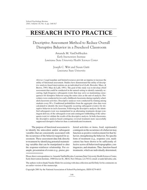 Pdf Descriptive Assessment Method To Reduce Overall Disruptive