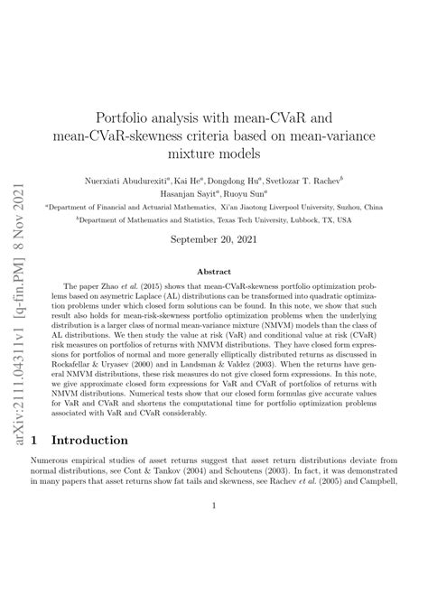 Pdf Portfolio Analysis With Mean Cvar And Mean Cvar Skewness Criteria Based On Mean Variance