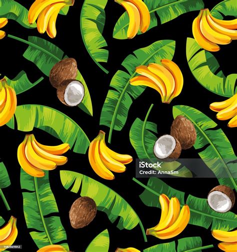 바나나 야자 잎과 과일이 있는 열대 이음매 없는 패턴 검은색 배경에 벡터 식물 그림 녹색 색상의 단풍 디자인입니다 코코넛에 대한