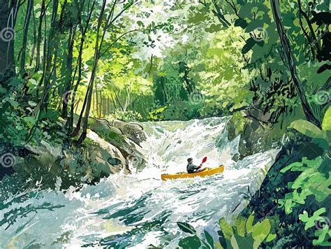 Kayaker Navigating Rapid Waters In Lush Green Setting Stock