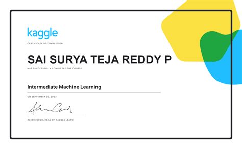 Sai Surya Teja Reddy P Completed The Intermediate Machine Learning Course On Kaggle