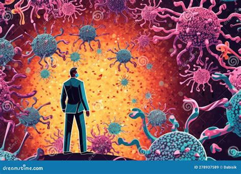 Different Shapes Bacterias And Virus Cells Near Person Silhouette Generative AI Stock
