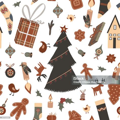 복고풍의 크리스마스 트리 완벽한 패턴 포도 수확 크리스마스 스타킹 반복 배경 전통적인 크리스마스 선물 상자 포장지 진저 브레드 남자 쿠키 구조 직물 반복 타일 배경 디자인