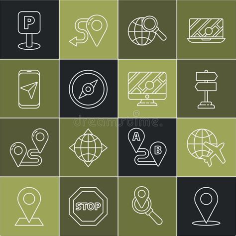 Set Line Location Globe With Flying Plane Road Traffic Sign Magnifying Glass Globe Compass