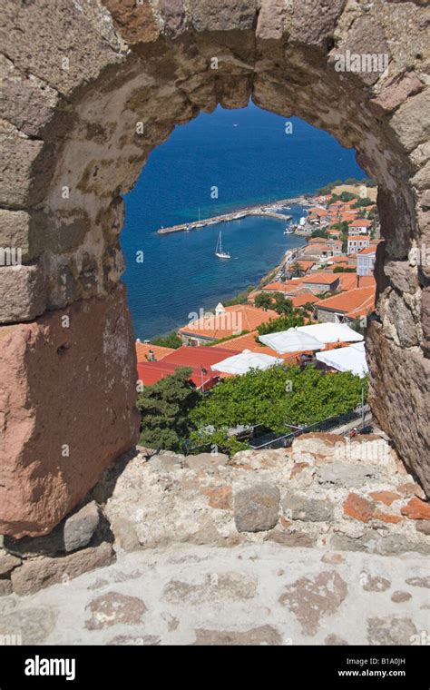 View Over Molyvos Harbour Lesvos Mithymna From Castle Greece Stock