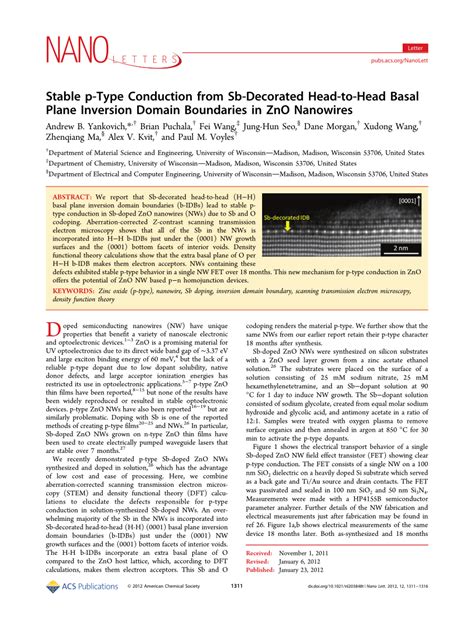 Pdf Head To Head Inversion Domain Boundaries In Sb Doped P Type Zno Nanowires