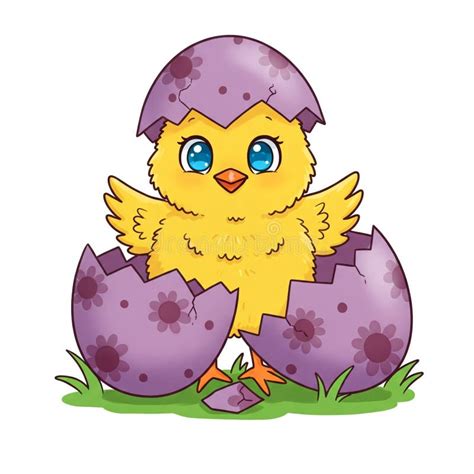 adorable chick in purple egg with grass stock illustration