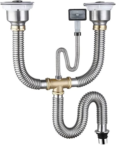 Rubik Kitchen Double Sink Drain Pipe Kit Two Slot Stainless Steel