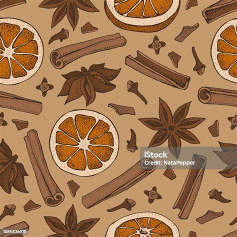 Mulled 와인 성분 완벽 한 패턴입니다 오렌지 계 피 스타 아니 스 정 향 향기로운 향미료의 벡터를 설정합니다 향신료와 맛의 낙서 크리스마스 겨울 음료입니다 가지 식물